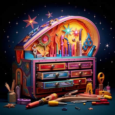 Vibrant Fantasy Inspired Toolbox With Whimsical And Magical Tools Stock