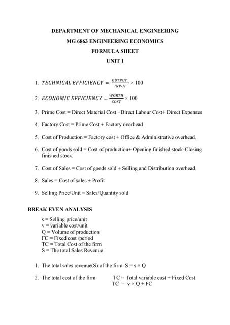 Engineering Economics Formula Sheet Pdf