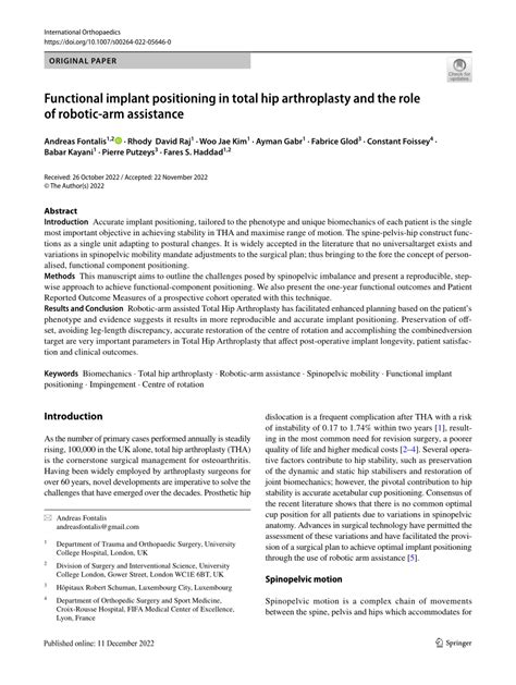 Pdf Functional Implant Positioning In Total Hip Arthroplasty And The Role Of Robotic Arm