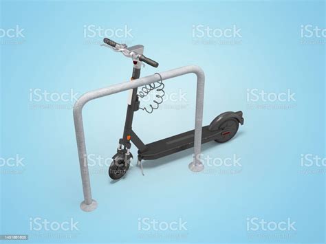 그림자가 있는 파란색 배경에 충전 포트 측면 보기가 있는 주차장에 있는 현대 전기 스쿠터의 3d 그림 도시에 대한 스톡 사진 및