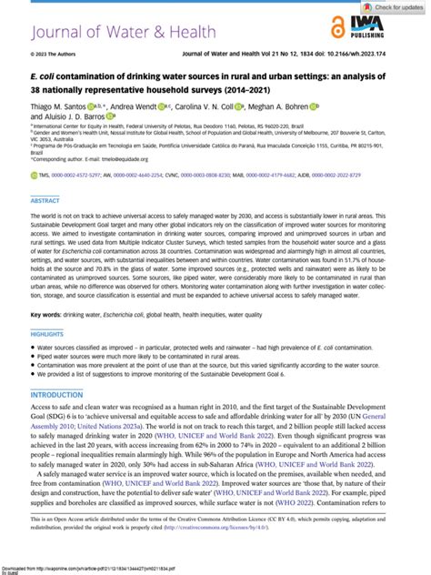 E Coli Contamination Of Drinking Water Sources In Rural And Urban
