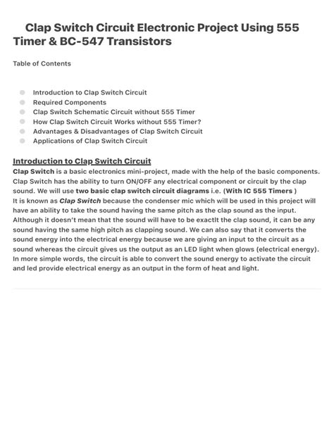 Clap Switch Circuit Electronic Project Using 555 Timer And Bc 547 Pdf