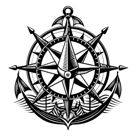 Nautical Compass With Anchor And Waves In Black And White Illustration