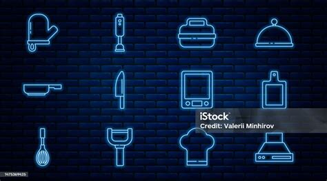 세트 라인 주방 추출기 팬 도마 요리 냄비 칼 프라이팬 오븐 장갑 전자 저울 및 블렌더 아이콘 벡터 규모에 대한 스톡 벡터 아트 및 기타 이미지 Istock