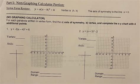 Solved Part 1 Non Graphing Calculator Portion Vertex Form