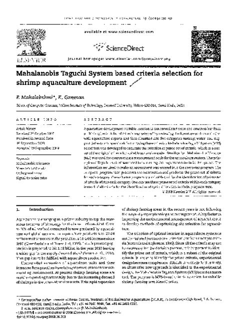 Pdf Mahalanobis Taguchi System Based Criteria Selection For Shrimp Aquaculture Development