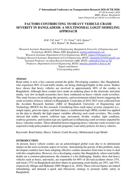 Pdf Factors Contributing To Heavy Vehicle Crash Severity In Bangladesh A Multinomial Logit