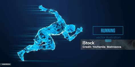 추상적인 와이어프레임 실루엣은 파란색 배경에 삼각형과 입자로 만든 달리기 운동선수의 모습이다 러너 맨은 스프린트 또는 마라톤을 달리고 있습니다 벡터 그림 0명에 대한 스톡