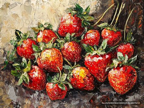 Ai创作图草莓 油画 红色水果 绿叶 静物 绘画 艺术 鲜艳色彩 印象派风格 食物艺术 墙面装饰 家居装饰 厨房艺术 水果画 昵图网