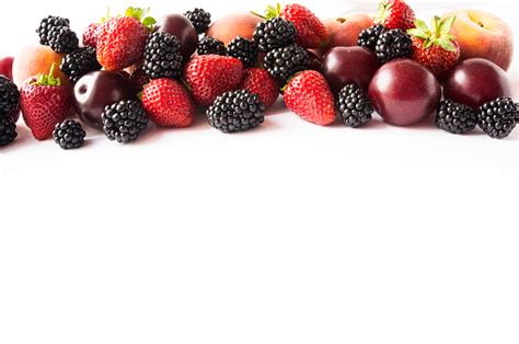 검은색과 빨간색 음식입니다 잘 익은 블랙베리 딸기 자 두 복숭아 흰색 바탕에 텍스트 복사 공간 이미지의 테두리에서의 열매 딸기 배경 다양 한 신선한 여름 열매입니다 0명에