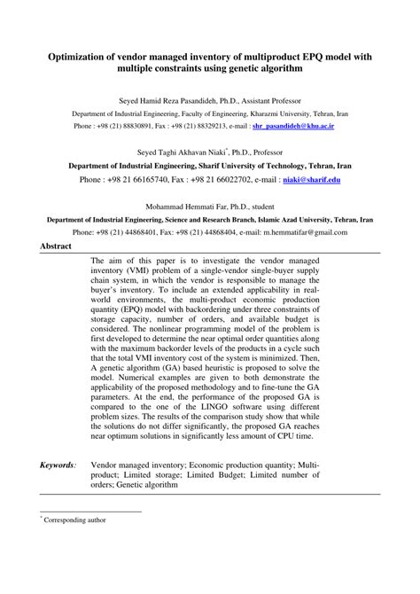 Pdf Optimization Of Vendor Managed Inventory Of Multiproduct Epq Model With Multiple