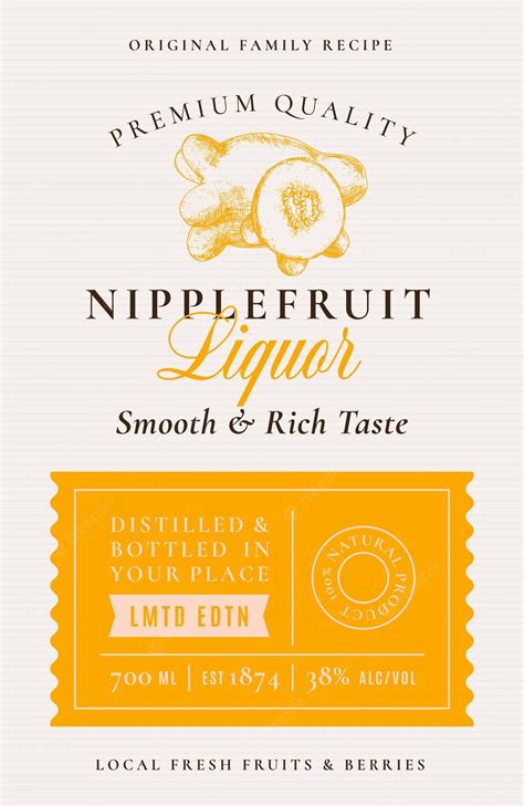 가족 조리법 Nipplefruit 주류 알코올 라벨 추상 벡터 포장 디자인 레이아웃 손으로 그린 소 젖통 과일 슬라이스 실루엣 로고와 배경이 분리된 현대적인 타이포그래피