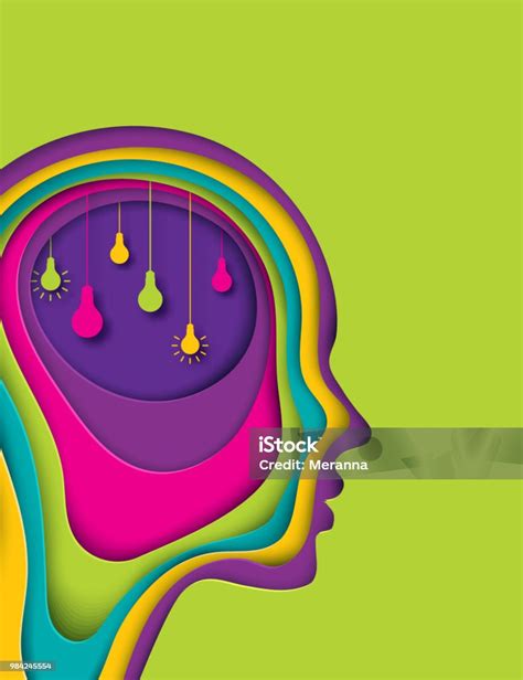 현대 포스터 전구 함께 색종이 인간의 프로필 레이어 컷와 창의적인 생각 혁신의 비즈니스 개념입니다 깊은 종이 아트 종이 접기 스타일 혁신 개념에 대한 스톡 벡터 아트 및