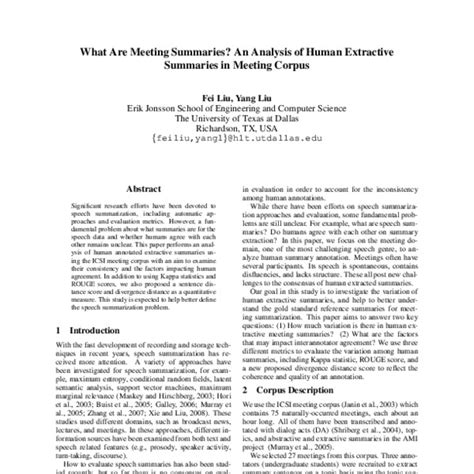 What Are Meeting Summaries An Analysis Of Human Extractive Summaries In Meeting Corpus Acl