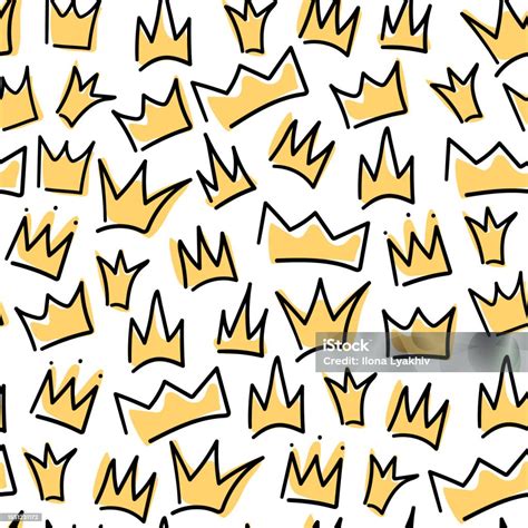 손으로 그린 노란색의 매끄러운 패턴 크라운의 다양한 변형 0명에 대한 스톡 벡터 아트 및 기타 이미지 0명 공주 그래픽
