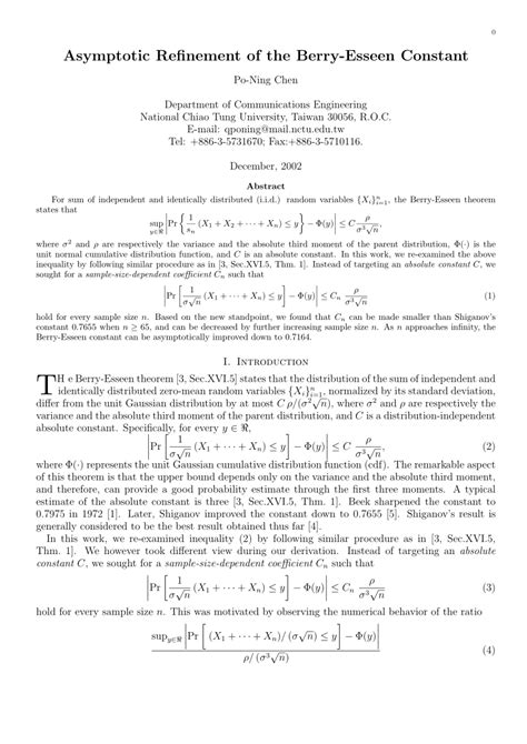 Pdf Asymptotic Reflnement Of The Berry Esseen Constant