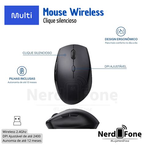 MOUSE SEM FIO INALÁMBRICO MULTILASER PRETO NERD FONE