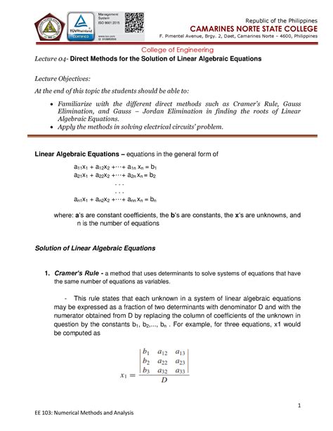 Lecture 4 Direct Solution For Algebraic Equations 1 College Of Engineering Camarines Norte