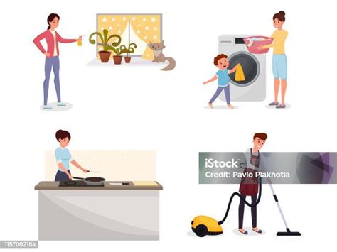 가족 하 고 집안일 플랫 일러스트 세트 진공 청소기를 사용 하 여 남자 엄마와 아들 로드 세탁기 여자 요리 저녁 식사 클립 아트 팩 집안일 가사 집안일에 대한 스톡 벡터
