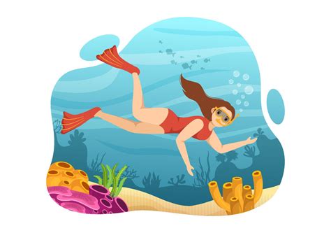 Snorkeling Illustration With Underwater Swimming Exploring Sea Coral Reef Or Fish In The Ocean