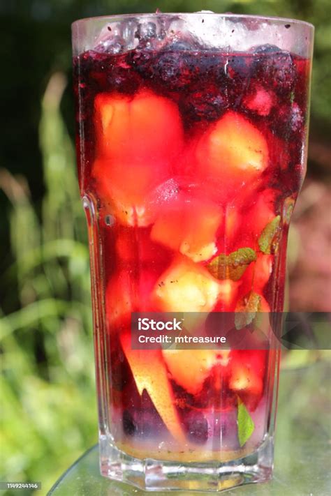 여름 정원 파티 건강 한 식사 보드카 소 다 라임 칵테일 냉동 과일 다진 망고 얼음 조각 딸기 라즈베리 블루베리 무알코올 칵테일 화창한 날에 미국 식당 파인트 유리에서 제공