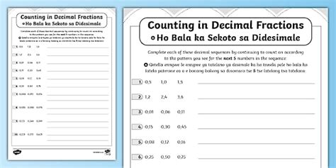Counting In Decimal Fractions Activity Sheet Sesotho