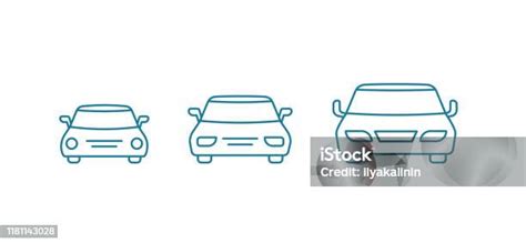 자동차 크기 소형 중형 및 대형 전송 변형 택시 옵션 전면 뷰입니다 윤곽선 파란색 선 벡터입니다 차에 대한 스톡 벡터 아트 및