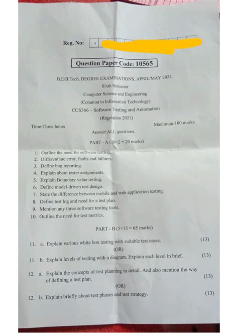 Software Testing And Automation Model Question Reg No Question Paper Code 10565 Tech