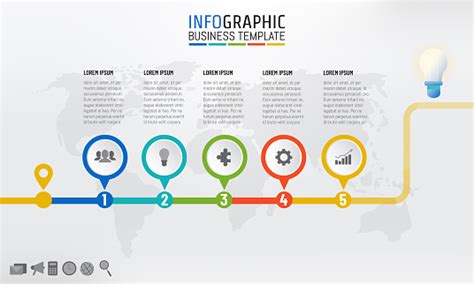 5 옵션 전구 회사 타임 라인 Infographic 템플릿 디자인 벡터 일러스트 레이 션 개념에 대한 스톡 벡터 아트 및 기타 이미지 개념 개발 그래프 Istock