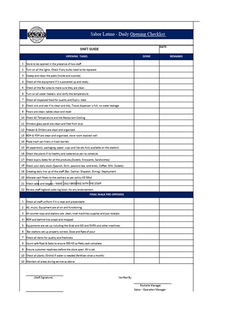 Opening Checklist Pdf
