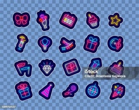 생일 네온 스티커 컬렉션 소셜 미디어에 대한 배지 케이크와 선물 상자 빛나는 효과 항목 벡터 일러스트레이션 0명에 대한 스톡 벡터 아트 및 기타 이미지 Istock