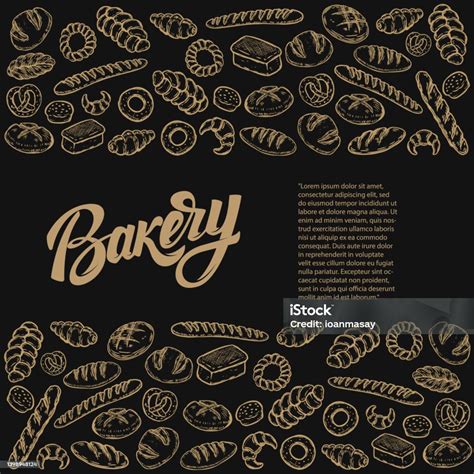 손으로 그린 빵 그림이있는 베이커리 배경 패키지 배너 전단지 카드를위한 디자인 요소 벡터 일러스트 레이 션 달콤한 음식에 대한 스톡 벡터 아트 및 기타 이미지 Istock