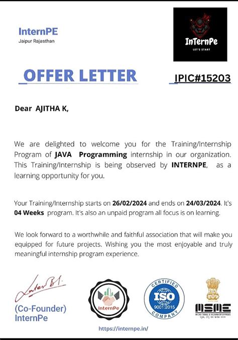 Ajitha K On Linkedin Internpe Internship Javaprogramming Learningandgrowing