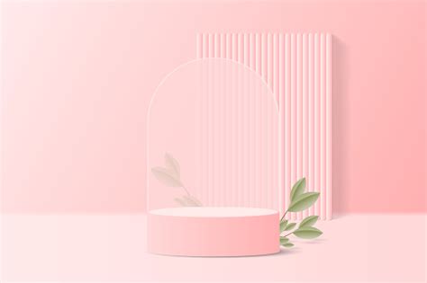 핑크 파스텔 색상의 스튜디오 룸에서 최소한의 장면 현실적인 3d 핑크 실린더 연단 받침대는 나뭇가지 잎 아치 유리 수직 모양으로 서 있습니다 제품 디스플레이 프리젠 테이션