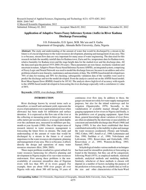 Pdf Application Of Adaptive Neuro Fuzzy Inference System Anfis In River Kaduna Discharge