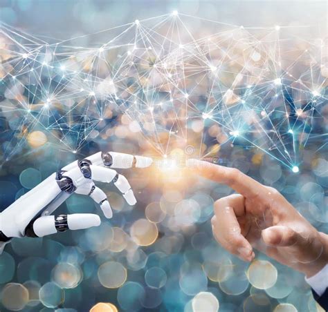 Ai Machine Learning Hands Of Robot And Human Touching On Big Data