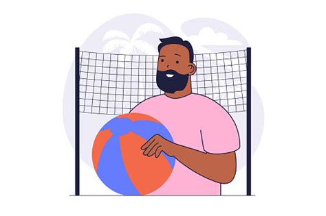 웹을 위한 평면 디자인에 만화 사람들과 함께하는 여름 활동 개념 열대 휴가에서 비치 발리볼을 하는 공을 가진 남자 토너먼트 게임에서 여름 스포츠를 즐기는 남자 벡터 일러스트