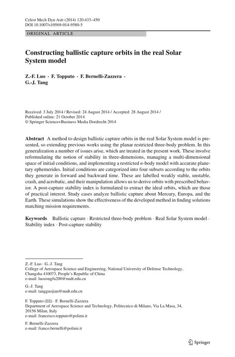 Pdf Constructing Ballistic Capture Orbits In The Real Solar System Model