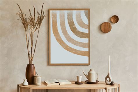 콘솔 모의 포스터 프레임 세련된 개인 액세서리가 있는 우아한 거실 인테리어 구성 공간을 복사합니다 템플렛 가정 생활에 대한 스톡 사진 및 기타 이미지 Istock