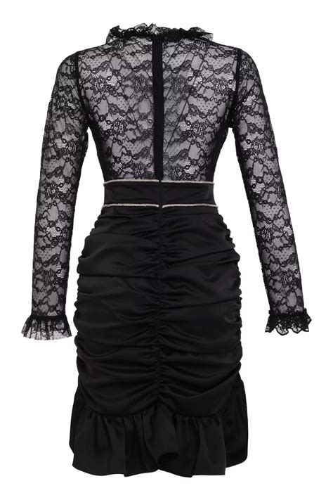 Black Satin Long Sleeve Mini Dress Party Dress Fervente