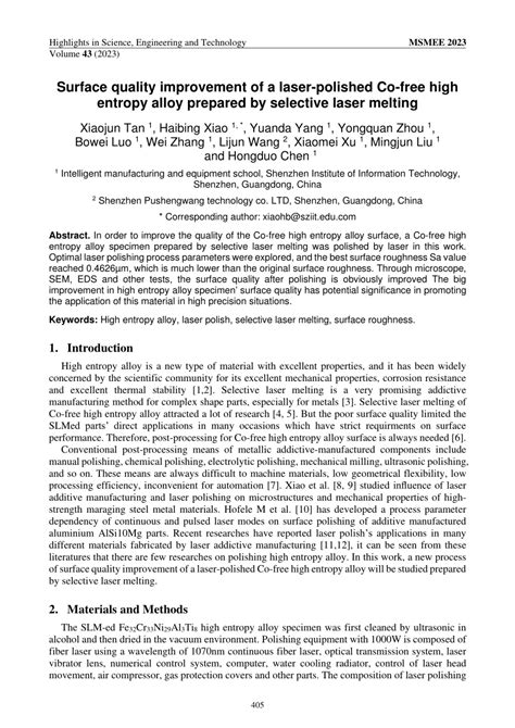 Pdf Surface Quality Improvement Of A Laser Polished Co Free High Entropy Alloy Prepared By