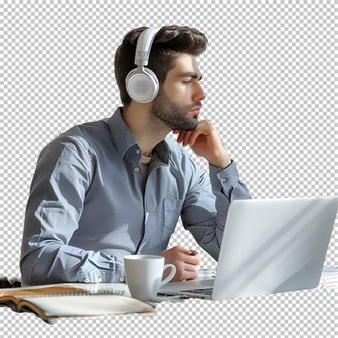 Premium Psd A Man Sits At A Desk With A Laptop And Headphones