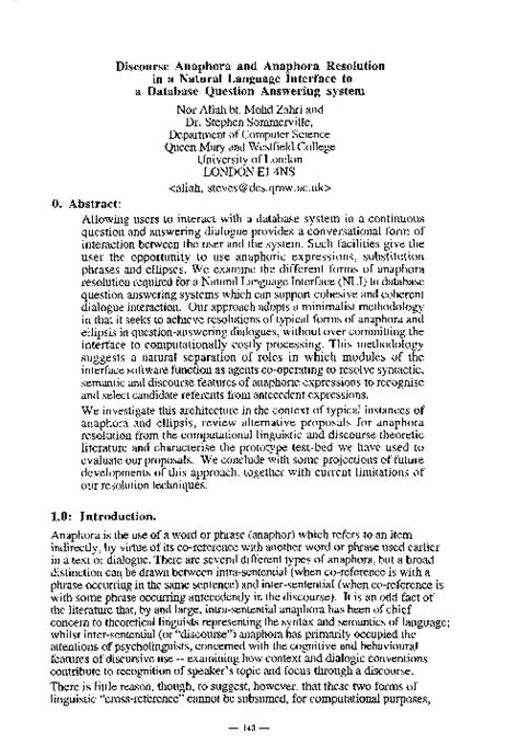 Pdf Discourse Anaphora And Anaphora Resolution In A Natural Language Interface To A Database