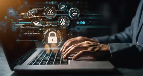 Premium Photo A Businessman Typing On Laptop With Digital Security Icons Floating Above The