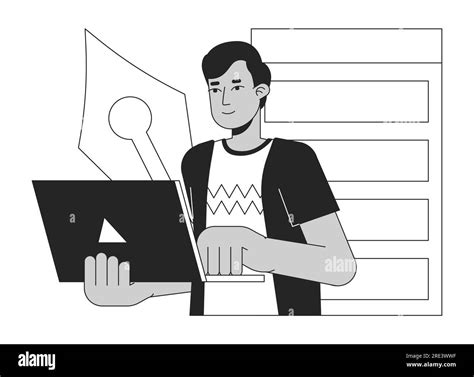 Handsome Indian Man Typing On Laptop Bw Concept Vector Spot Illustration Stock Vector Image