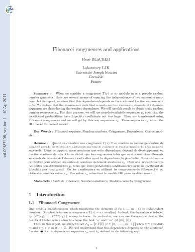 Fibonacci Congruences And Applications