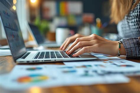 Blonde Woman Typing On Laptop Over Desk Data Charts And Graphs Modern