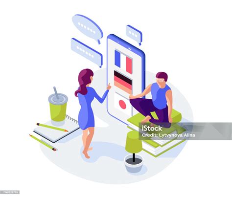 온라인 언어 교육 쉬운 과정 기본 언어 공부 책 공장 및 수첩을 가진 아이소메트릭 사람들 3차원 형태에 대한 스톡 벡터 아트 및 기타 이미지 Istock