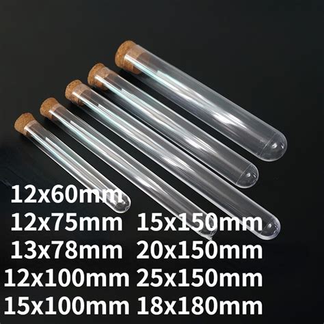 코르크 캡이 있는 투명 플라스틱 시험관 실험실 학교 용품 결혼식 선물 튜브 길이 60mm ~ 180mm 학교 및 교육 용품