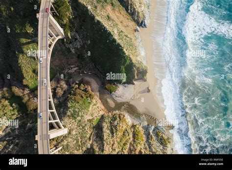 Aerial View Of Bixby Bridge In Big Sur California Around Sunset Stock
